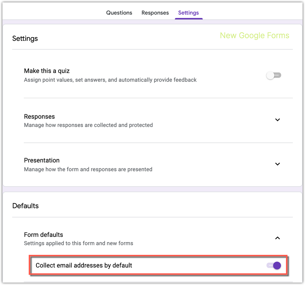 Revamped Google Forms options and settings