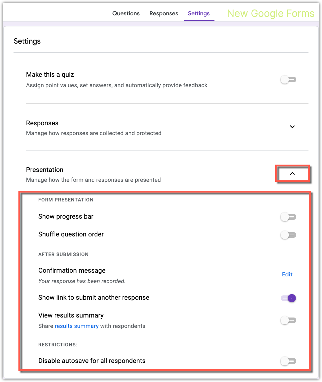 Revamped Google Forms options and settings