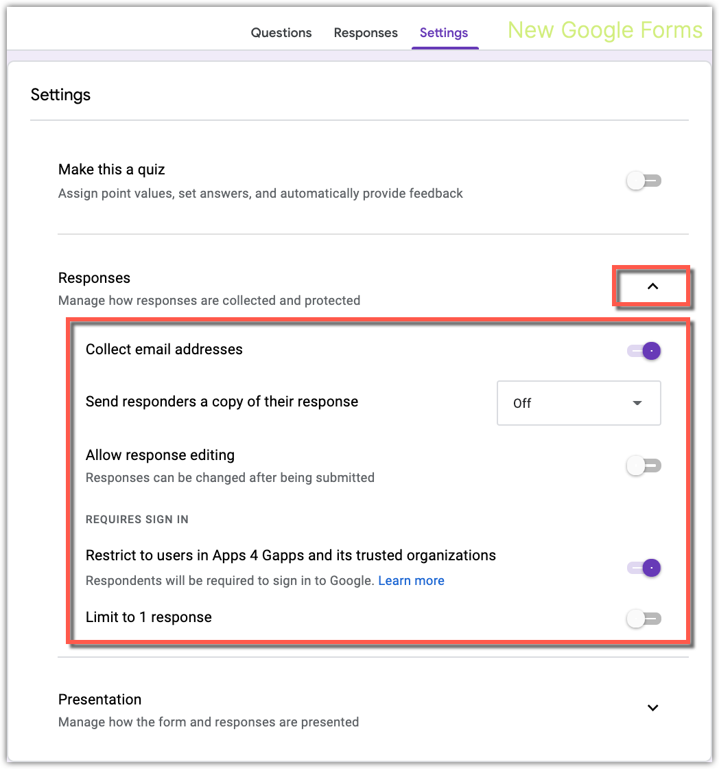 Revamped Google Forms options and settings