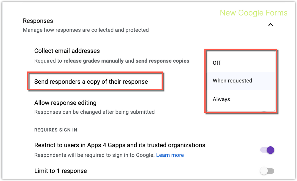 Revamped Google Forms options and settings