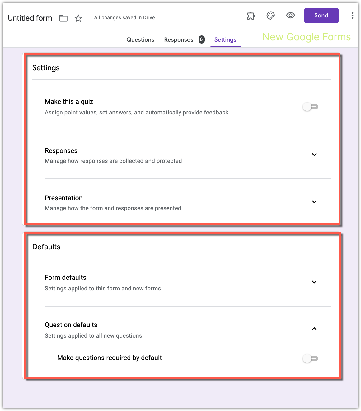 Revamped Google Forms options and settings