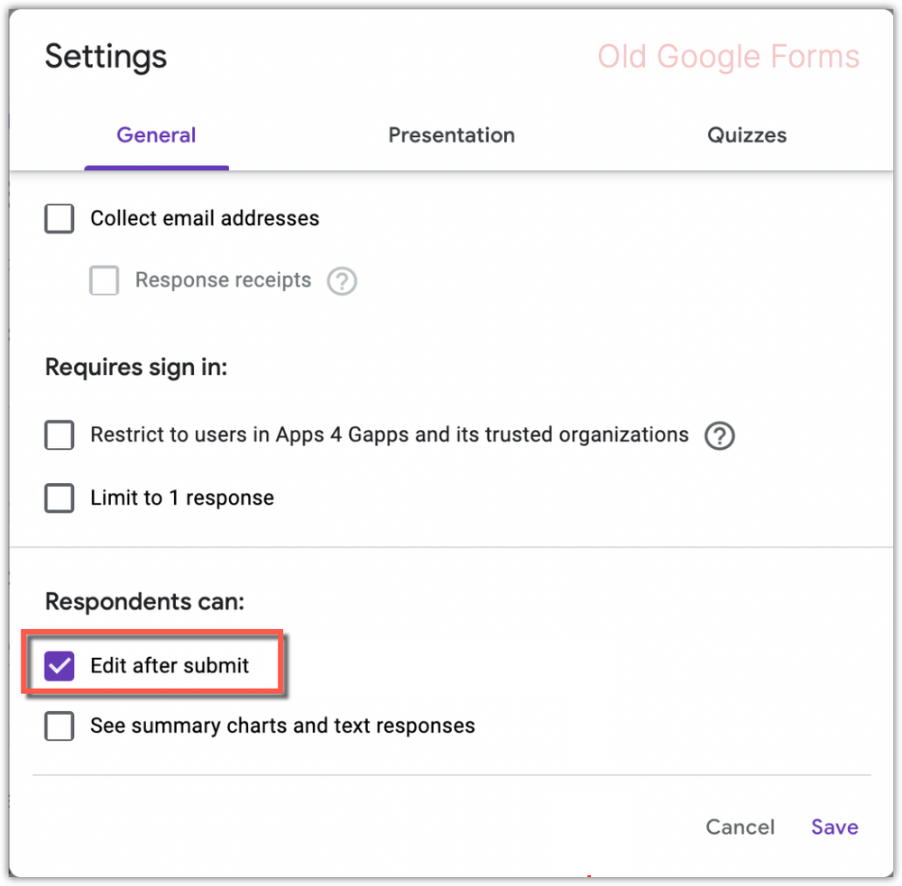 Revamped Google Forms options and settings