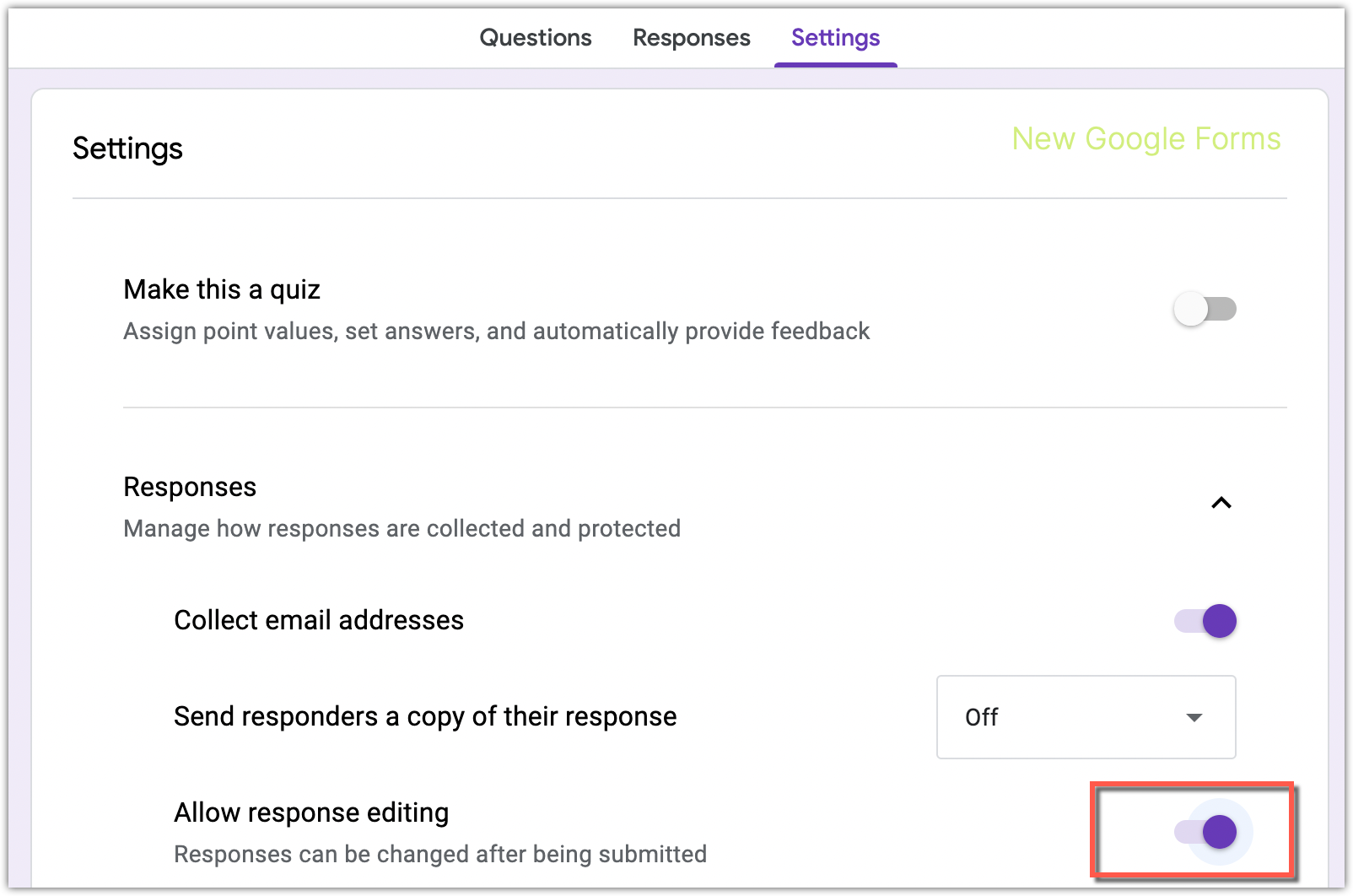 Revamped Google Forms options and settings
