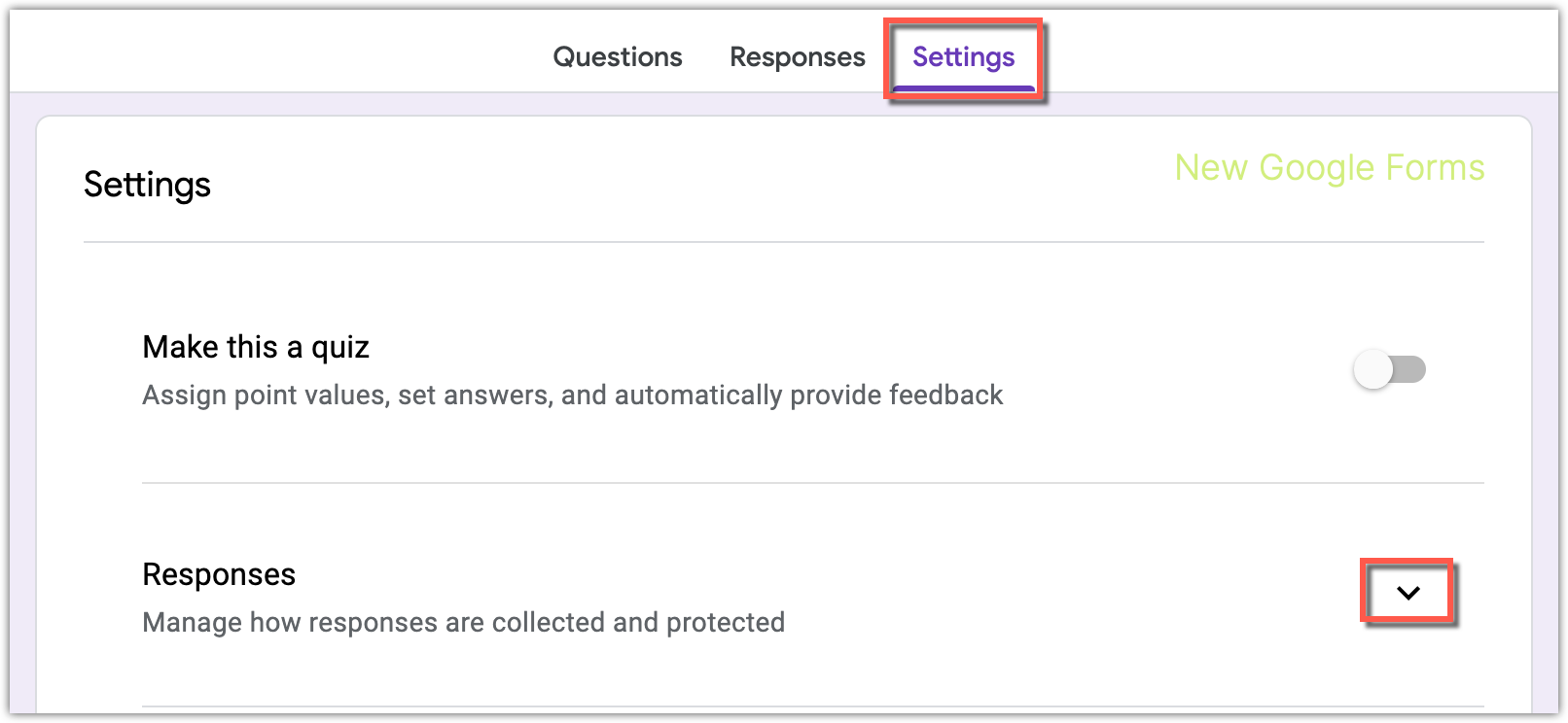 Revamped Google Forms options and settings