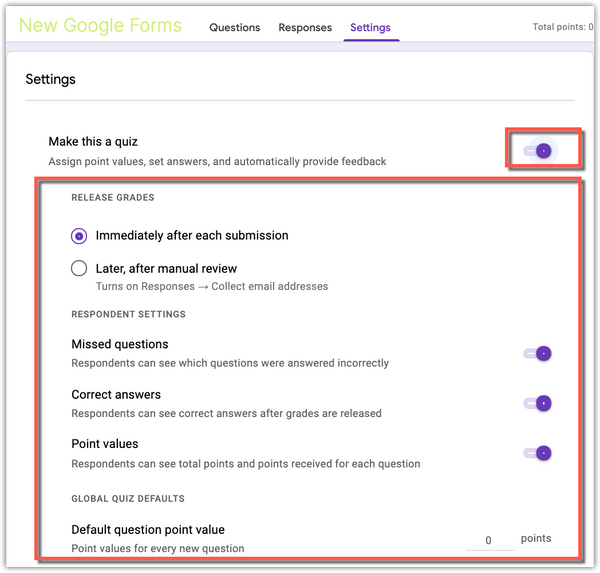 Revamped Google Forms options and settings