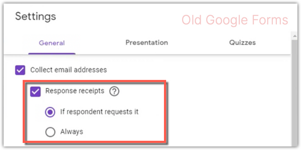 Revamped Google Forms options and settings