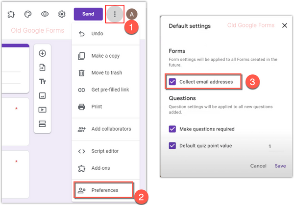 Revamped Google Forms options and settings